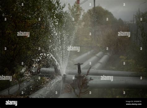Burst Pipe Water Pouring Pipeline Accident Its Dangerous Situation Jets Of Boiling Water
