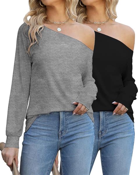 Ficerd 2 Pack Womens Off The Shoulder Tops Long Sleeve Off Shoulder