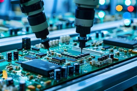 Fully Automated Circuit Board Manufacturing Process With Robotic Arms In Electronics Factory