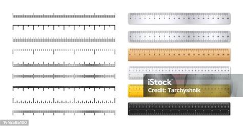 현실적인 금속 및 플라스틱 통치자 측정 척도는 나눗셈으로 표시됩니다 길이 또는 높이를 센티미터 인치 단위로 측정하기위한 스케일 눈금자 줄자 표시 크기 표시기 벡터 그림 0