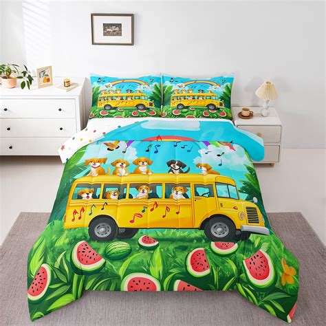 Erosebridal Cute Dog Bus Comforter Sets Queen Size Kawaii Music Notes