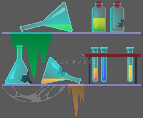 Broken Laboratory Beaker Sign Test Tube On Dark Background On Shelves Failed Experiment In Lab