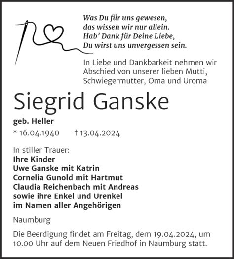 Traueranzeigen Von Siegrid Ganske Abschied Nehmen De