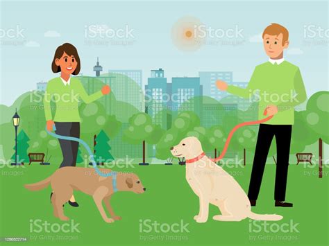 자발적인 사람들 캐릭터 남성 여성 워킹 개 플랫 벡터 일러스트 자원 봉사자 조수 도움 사냥개 소유자 도시 국립 공원을 산책 개에 대한 스톡 벡터 아트 및 기타 이미지