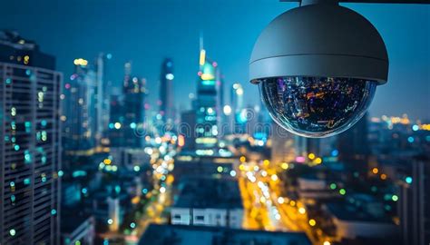 The Security Camera Monitoring A Bustling City Skyline At Night Stock