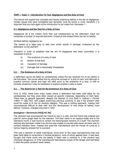 Topic 1 Lecture Notes Tort Of Negligence LLB1TOR LSBU Studocu