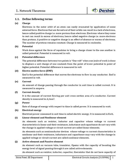 Network Theorems 11 Define Following Terms Pdf Electrical Network Capacitor