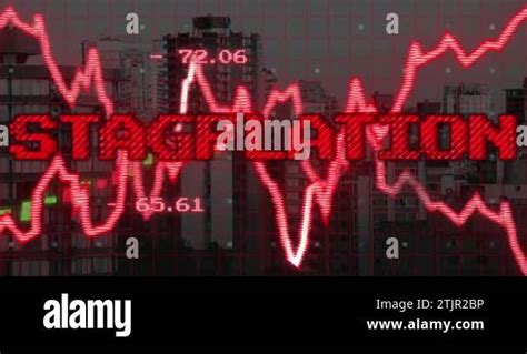 Animation Of Stagflation Text In Red With Graph And Charts Processing Data Over Cityscape