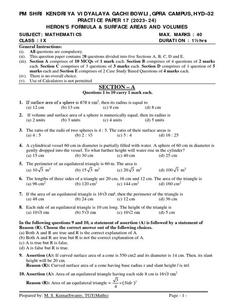 Maths Class Ix Chapter 12 And 13 Mensuration Unit Practice Paper