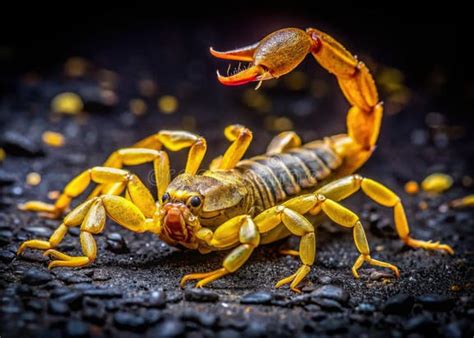 Venomous Yellow Scorpion Buthus Occitanus On A Desert Road At Night A