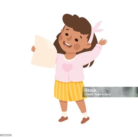 어린 소녀 캐릭터 서 있는 와 이야기 또는 낭송 시 에서 종이 벡터 일러스트 감정에 대한 스톡 벡터 아트 및 기타 이미지