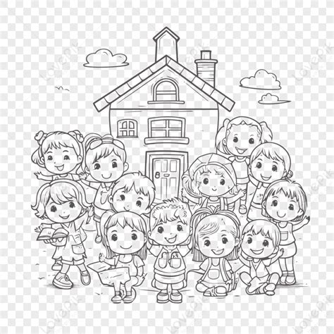 학교 집 색칠 페이지 개요 스케치 드로잉 근처의 아이들 벡터창문만화 Png 일러스트 무료 다운로드 Lovepik