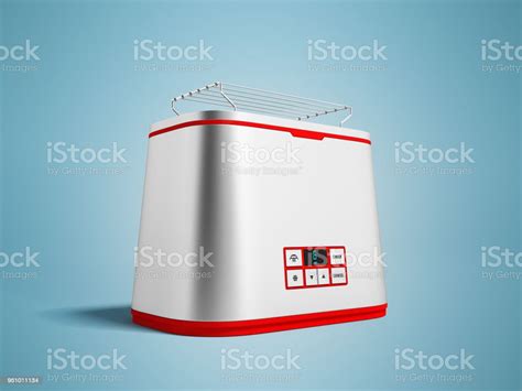 현대 금속 토스터 레드 삽입 빈 앞 그림자와 파란색 배경에 3d 렌더링 0명에 대한 스톡 사진 및 기타 이미지 0명 3차원