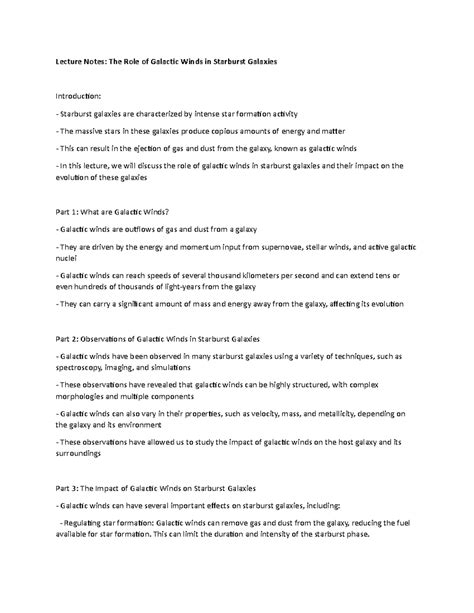 Lecture Notes The Role Of Galactic Winds In Starburst Galaxies