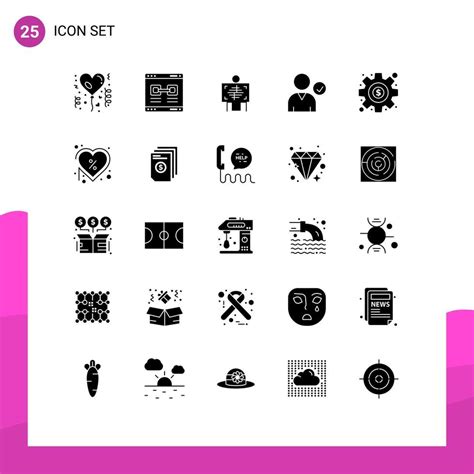 pictogram set of 25 simple solid glyphs of gear use window complete