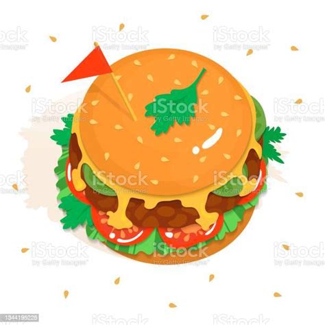 큰 맛있는 햄버거 롤빵 참깨 커틀릿 절인 오이 토마토 치즈 샐러드 이쑤시개에 있는 깃발입니다 벡터 그림입니다 식품 디자인 맛있는 패스트 푸드 흰색 배경에 격리 고기에 대한