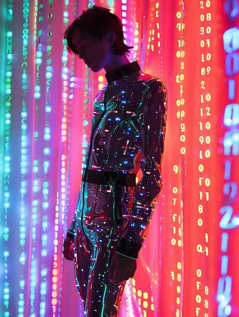 Premium Photo Tall Non Binary Hacker Model With Led Embedded Bodysuit