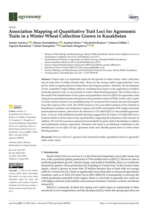 Pdf Association Mapping Of Quantitative Trait Loci For Agronomic Traits In A Winter Wheat