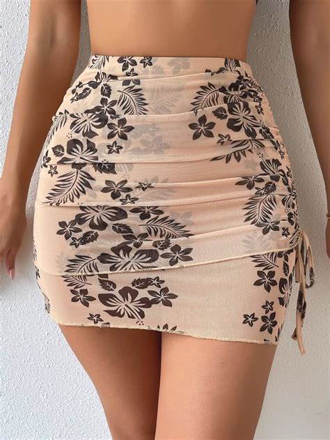 Floral Print Ruched Tie Side Mesh Bodycon Skirt Faldas Cortas De Moda