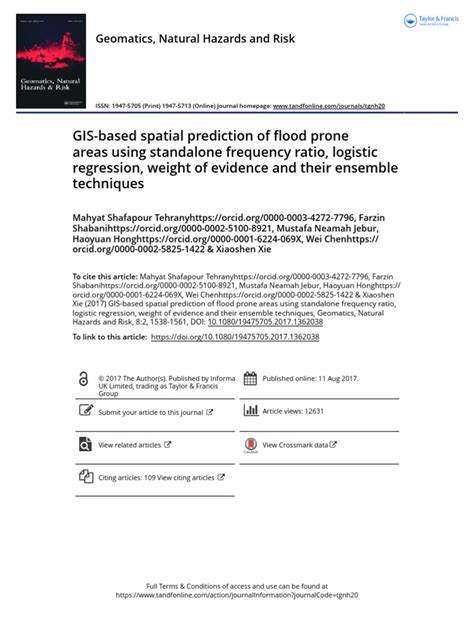 Gis Based Spatial Prediction Of Flood Prone Areas Using Standalone Frequency Ratio Logistic