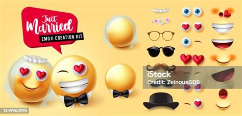 이모티콘 웨딩 크리에이터 벡터 세트 연인 이모티콘 남편과 아내 창조 디자인을위한 편집 가능한 얼굴에 베일과 활을 입고 결혼 한 부부와 3d 이모티콘 캐릭터 키트 이모티콘에