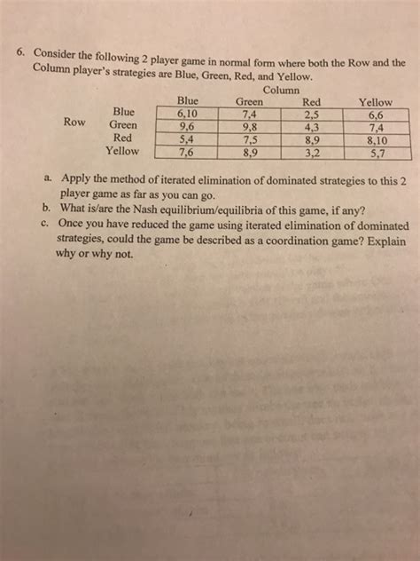 Solved 6 Consider The Following 2 Player Game In Normal