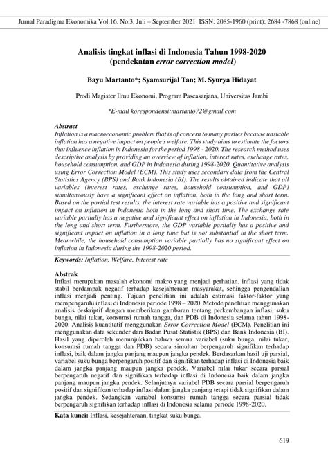Pdf Analisis Tingkat Inflasi Di Indonesia Tahun 1998 2020 Pendekatan Error Correction Model