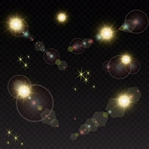 세트 빛나는 별 태양 입자 및 하이라이트 효과 황금색 보케 조명이 반짝이고 스팽글이 있습니다 프리미엄 벡터