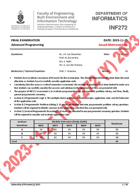 20231125 INF272 EXAM MEMO DEPARTMENT OF INFORMATICS INF 272 FINAL