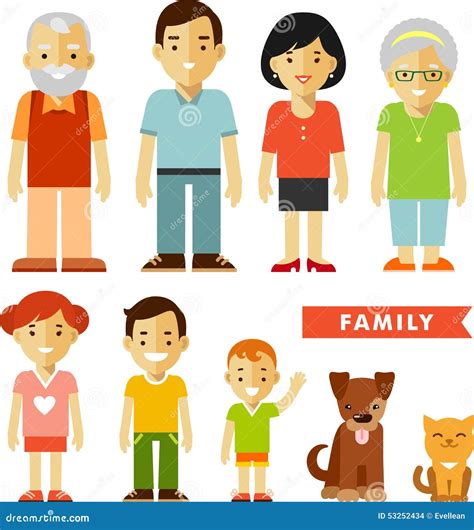 Комплект 7 членов семьи в плоском стиле Иллюстрация вектора иллюстрации насчитывающей женщина