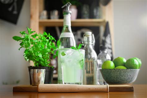 상쾌한 알코올 칵테일 모히토 흰색 럼 라임과 나무 보드 테이블 배경에 소다 미네랄 워터 공간을 복사합니다 밝은 여름 음료 민트 주입 알코올 얼음 조각 배경의 병 0명에 대한