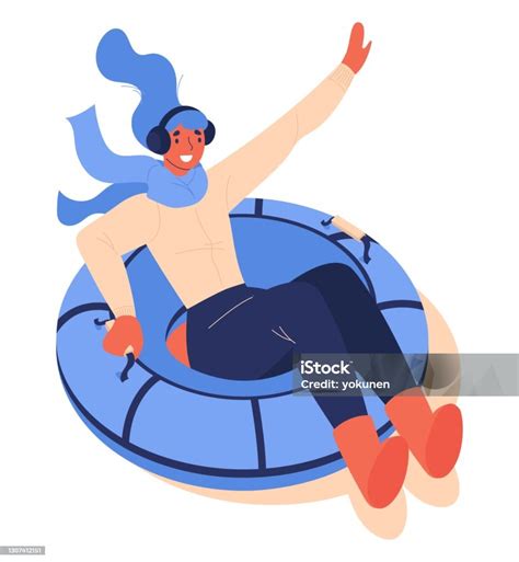 겨울 옷을 입고 튜브를 타는 젊은 여성 미소와 행복 흰색으로 격리된 벡터 개념 그림 눈썰매에 대한 스톡 벡터 아트 및 기타 이미지 눈썰매 개념 겨울 Istock