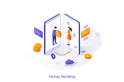 두 대의 스마트폰과 남자가 여자에게 거대한 동전을 주는 개념적 템플릿입니다 무선 모바일 결제 기술 송금 서비스의 개념 웹 배너에 대 한 아이소 메트릭 벡터 그림입니다 3차원