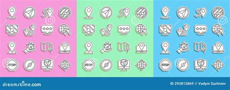 Set Line World Globe With Compass Laptop Location Marker Globe Flying Plane Route