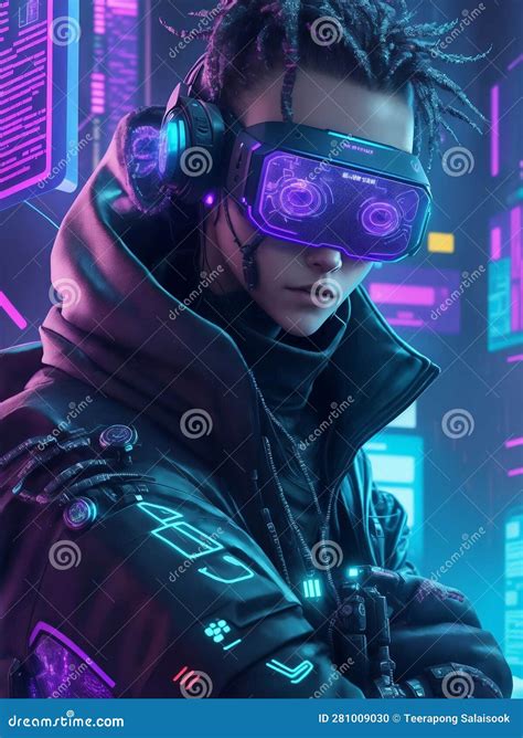 Cyberpunk Hacker In A Futuristic Generative Ai Illustration Stock Illustration Illustration