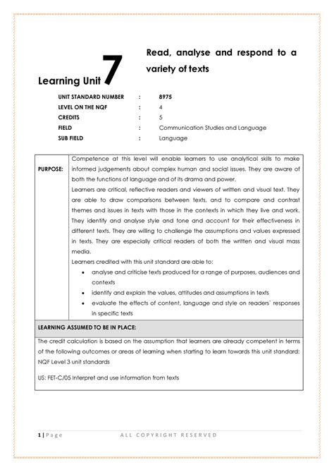 Read Analyse And Respond To A Variety Of Texts Learning Unit 7 Unit