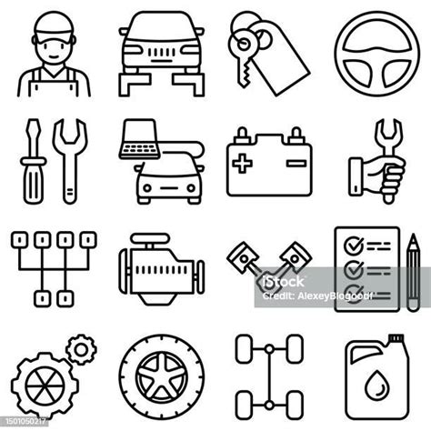 บริการรถบางเส้นไอคอนชุดของช่าง การวินิจฉัยคอมพิวเตอร์ เครื่องมือ ล้อ แบตเตอรี่ ส่ง แจ็ค