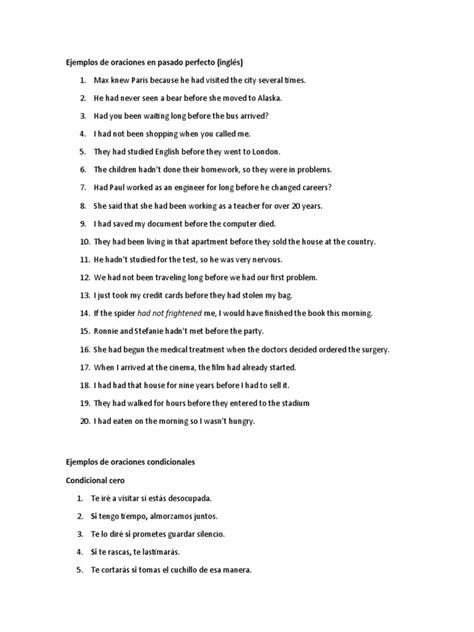 Ejemplos De Oraciones En Pasado Perfecto Pdf