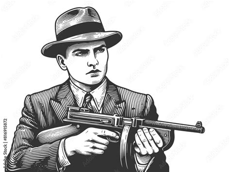 1920s Gangster In Pinstripe Suit Wielding Tommy Gun Exuding Classic