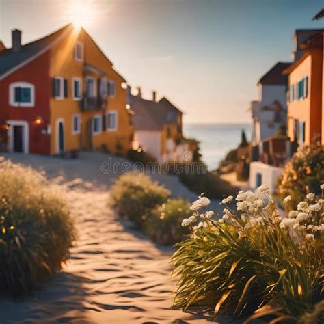 A Cobble Stone Path Leading To A Beach House By The Water Stock