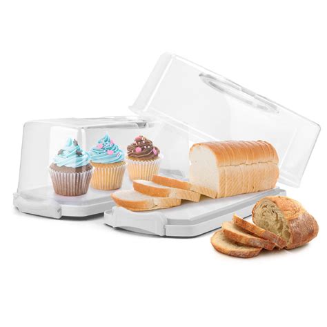 2 Pack Plastic Rectangular Bread Box With Clear Lid Loaf Cake Keeper Portable Bread Keeper
