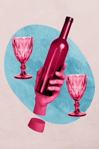 트렌드 삽화 포스터 합성 스케치 이미지 콜라주 손 홀드 와인 병 유리 음료 금요일 음료 토스트 편하게 하다 파티 평온한 술 마실 것에 대한 스톡 사진 및 기타 이미지
