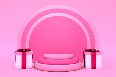 3d 밝은 핑크 연단 둥근 플랫폼과 빨간색 리본생일 선물 상자가있는 현대적인 스튜디오 인테리어 리본에 대한 스톡 사진 및 기타