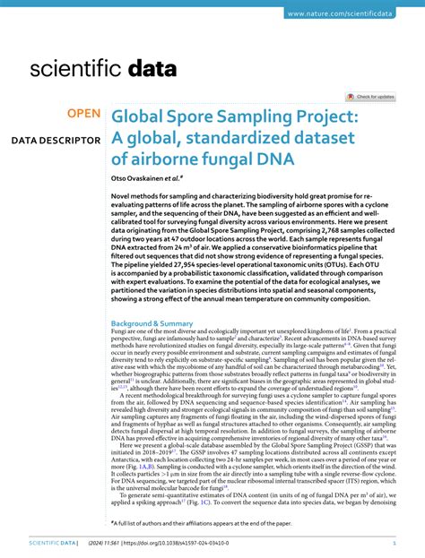Pdf Global Spore Sampling Project A Global Standardized Dataset Of Airborne Fungal Dna