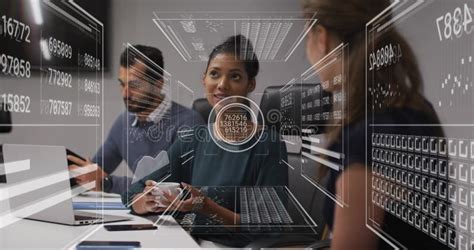 Business Meeting With Data Processing Image Over Diverse Colleagues Discussing Stock Image