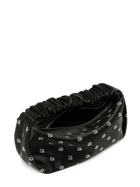 Alexander Wang Mini Scrunchie Crystal Embellished Monogram Satin Top Handle Bag In Black Modesens