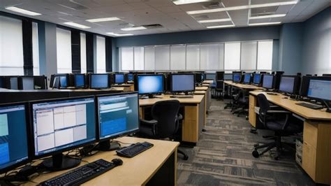 Premium Photo Computer Lab Filled With Rows Of Monitors Ready For Babes Or Employees In A