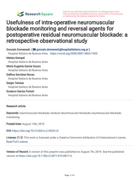 Pdf Usefulness Of Intra Operative Neuromuscular Blockade Monitoring And Reversal Agents For