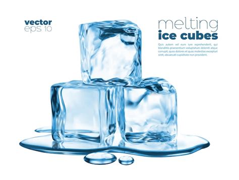 녹는 얼음 조각과 푸른 물 웅덩이 벡터 투명한 얼음 조각 얼어붙은 수정이 액체 녹은 풀에 쌓여 있습니다 현실적인 얼음 블록 3차원 얼음 결정체 고립된 백색