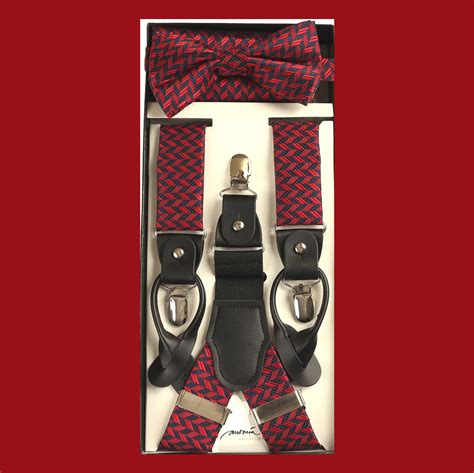Navy And Red Herringbone Suspenders With Matching Silk Bow Tie Set